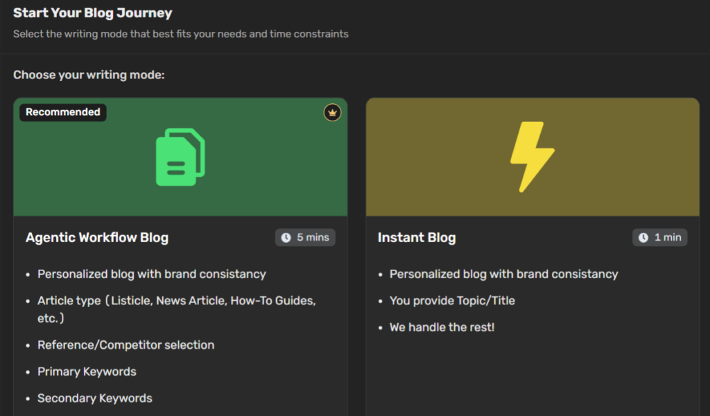 After clicking on Instant Blog, you will be prompted to enter your topic and select a tone ...